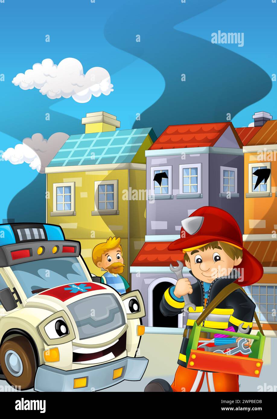 cartoon stage with fireman fire fighting near some building smoking ...