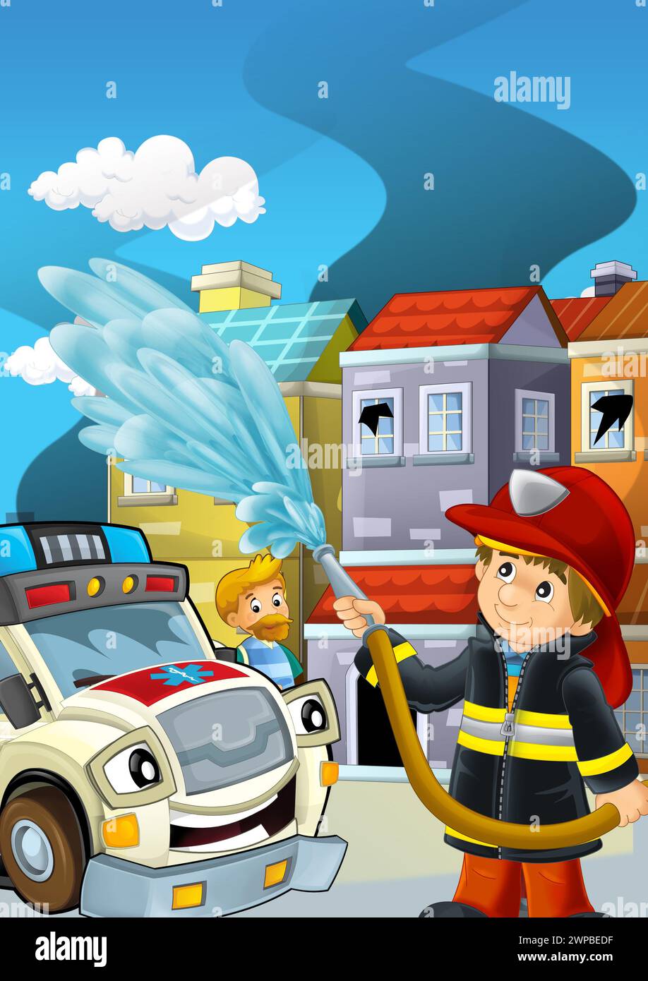 cartoon stage with fireman fire fighting near some building smoking ...