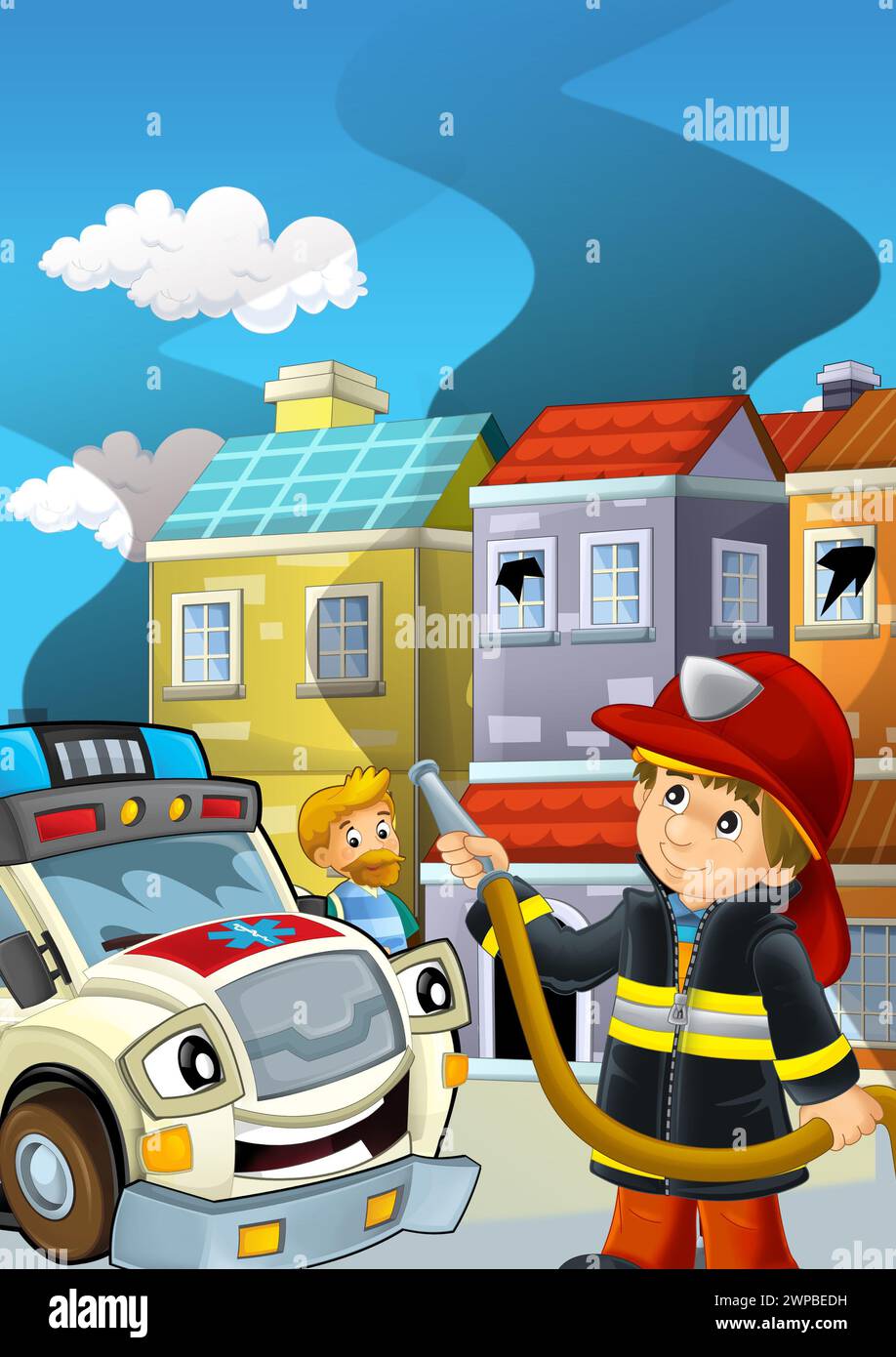 cartoon stage with fireman fire fighting near some building smoking ...