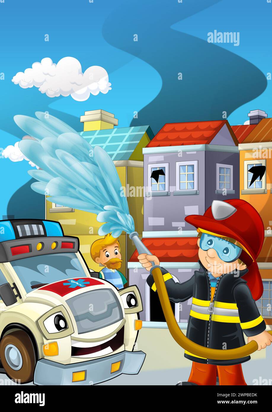 cartoon stage with fireman fire fighting near some building smoking ...