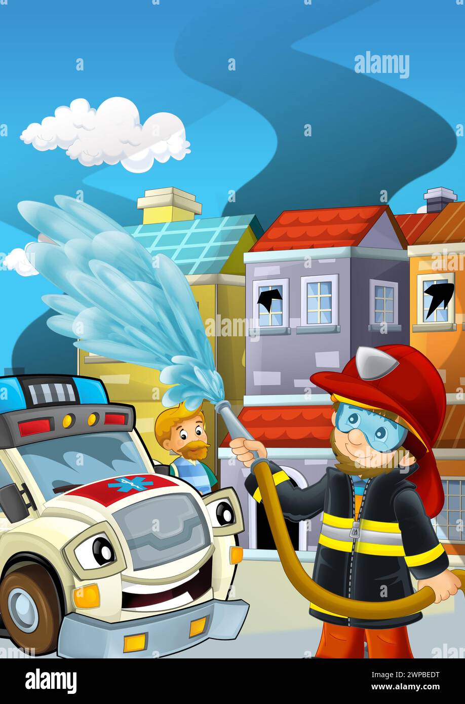 cartoon stage with fireman fire fighting near some building smoking ...