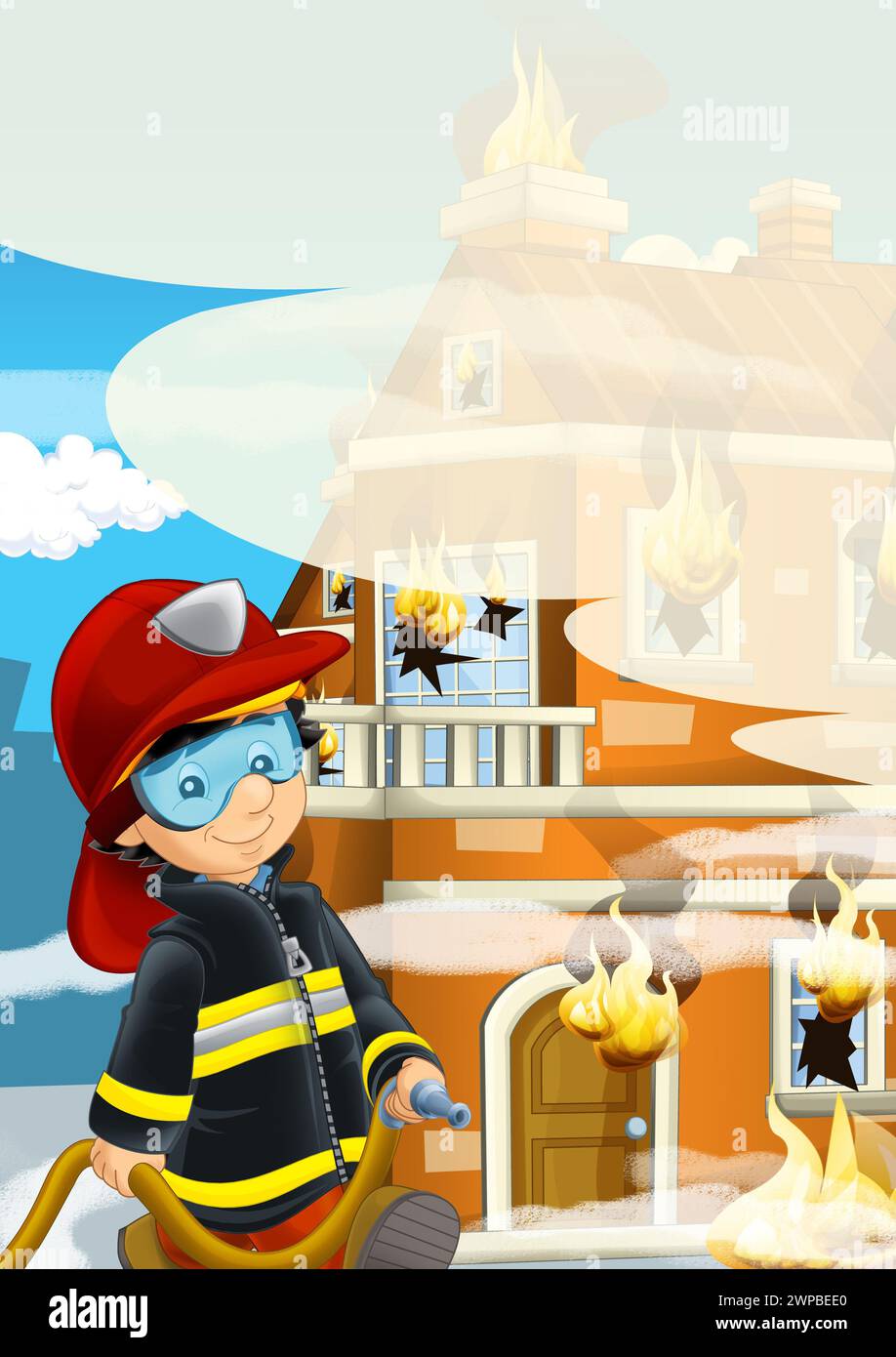 cartoon stage with fireman fire fighting near some building smoking ...