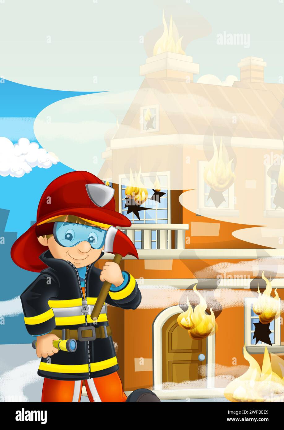 cartoon stage with fireman fire fighting near some building smoking ...