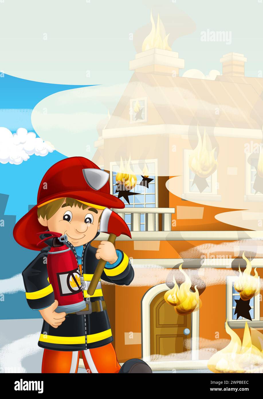 cartoon stage with fireman fire fighting near some building smoking ...