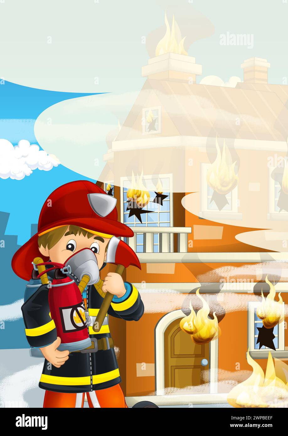 cartoon stage with fireman fire fighting near some building smoking ...