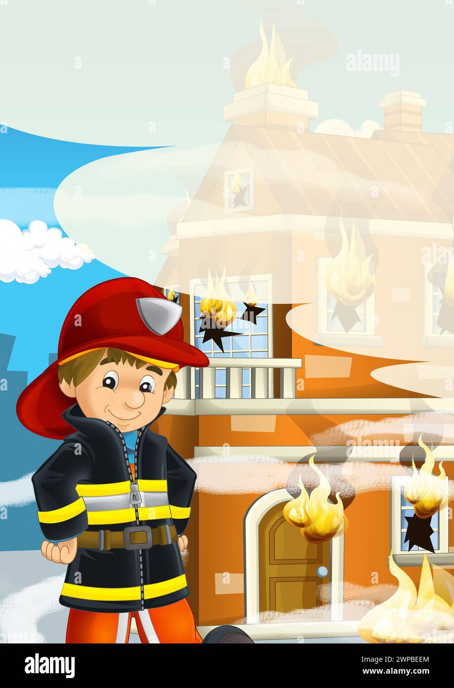 cartoon stage with fireman fire fighting near some building smoking ...