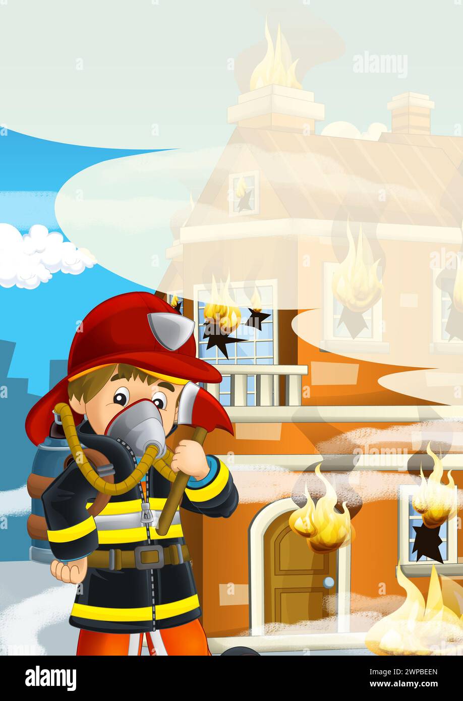 cartoon stage with fireman fire fighting near some building smoking ...