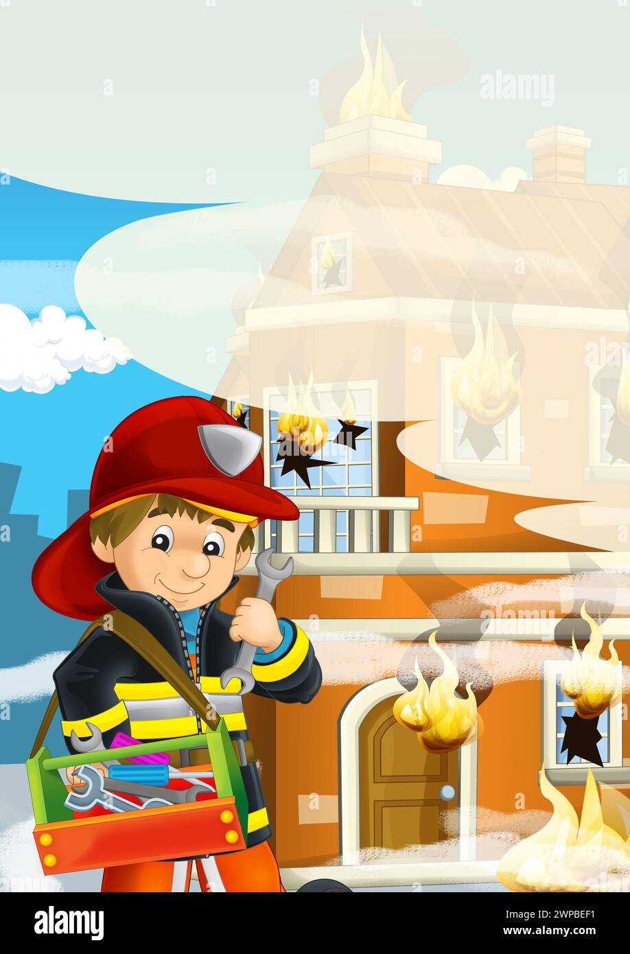 cartoon stage with fireman fire fighting near some building smoking ...