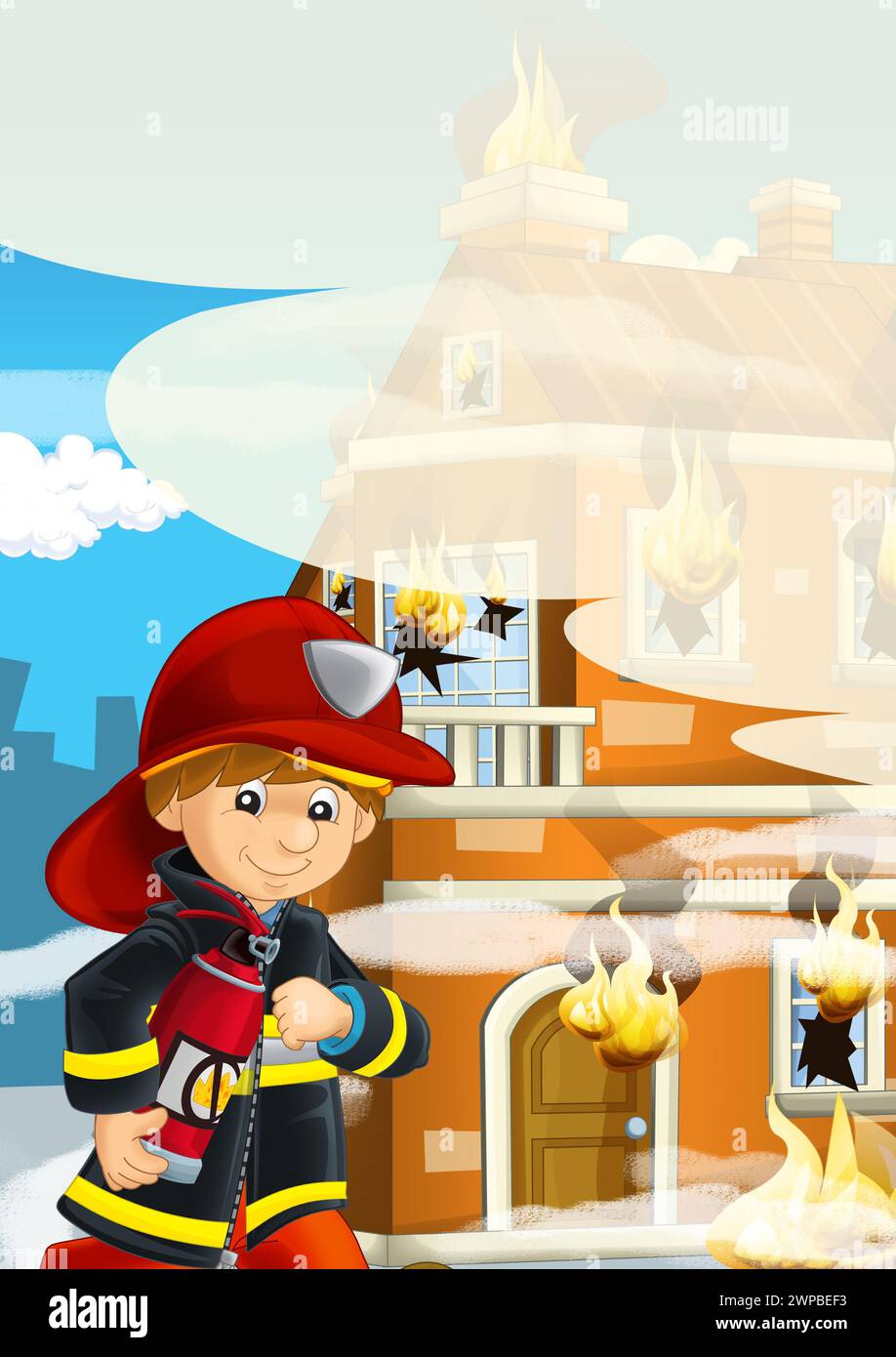 cartoon stage with fireman fire fighting near some building smoking ...