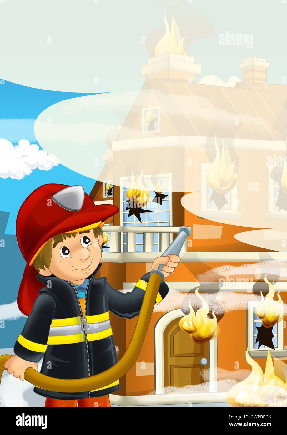 cartoon stage with fireman fire fighting near some building smoking ...