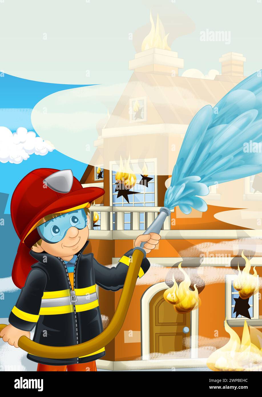 cartoon stage with fireman fire fighting near some building smoking ...