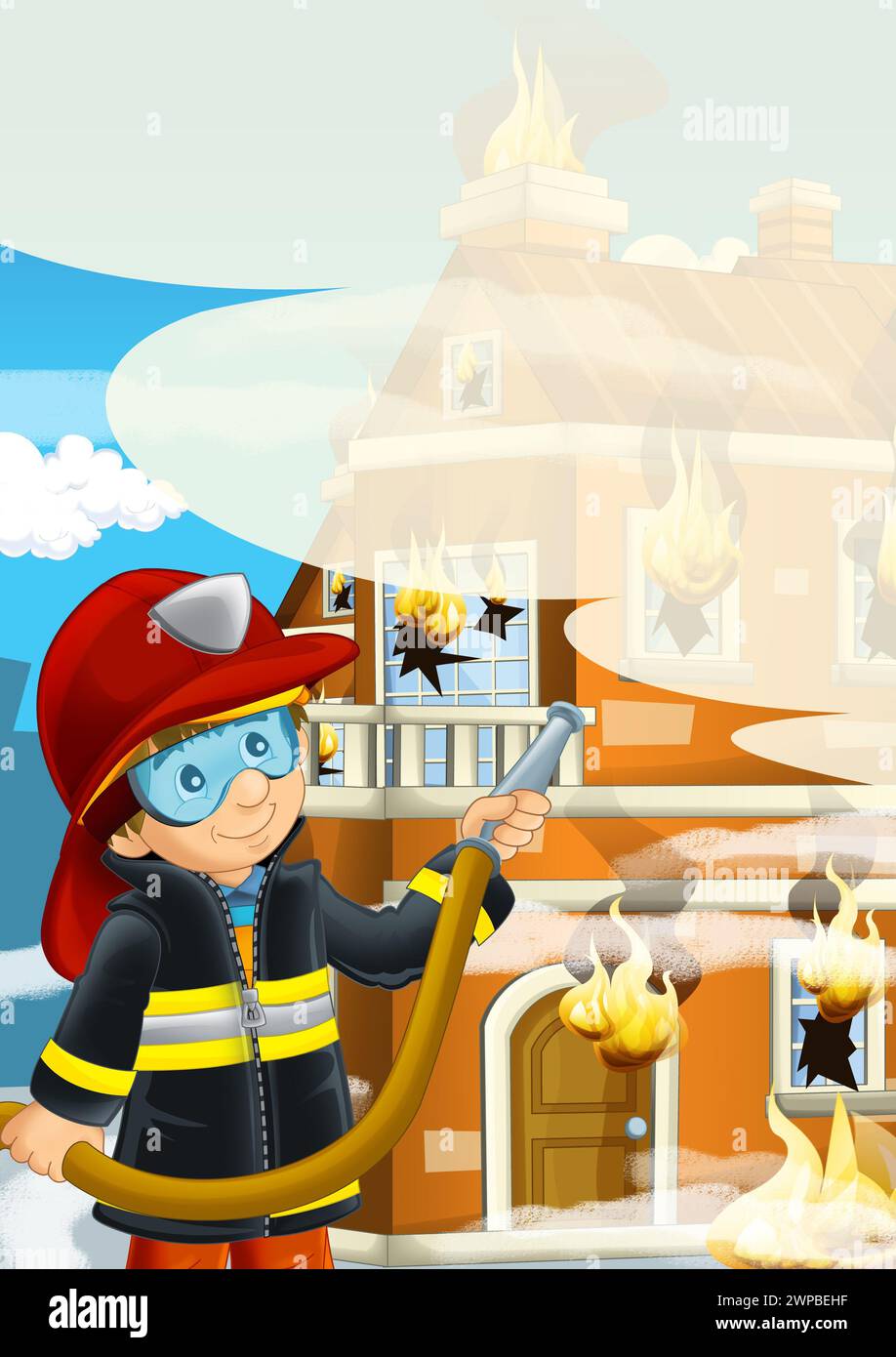 cartoon stage with fireman fire fighting near some building smoking ...