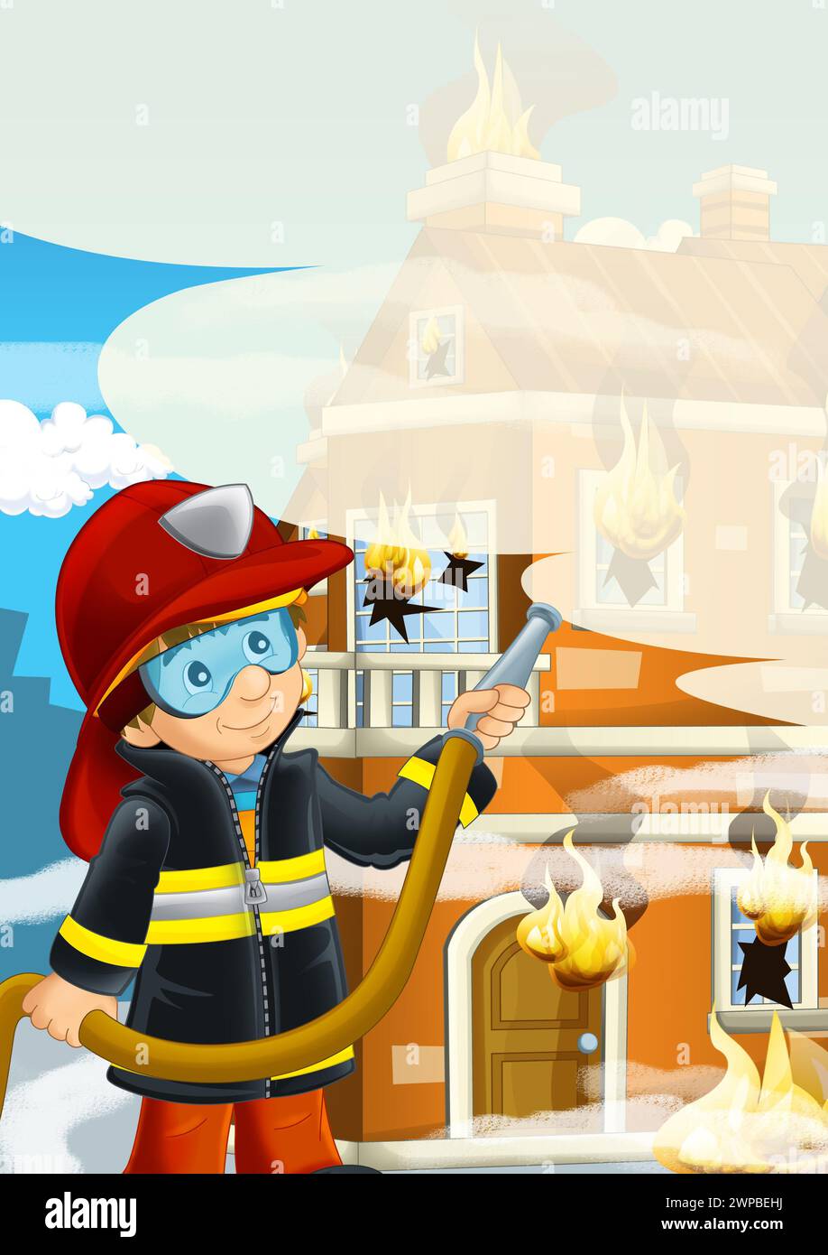 cartoon stage with fireman fire fighting near some building smoking ...