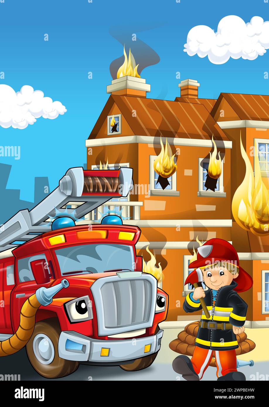 cartoon stage with fireman near building and brave firetruck is helping ...