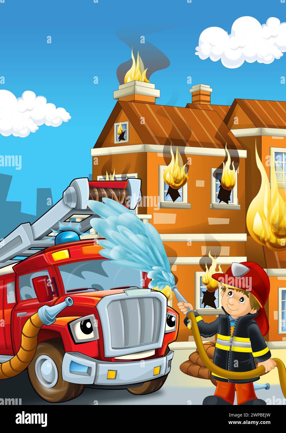 cartoon stage with fireman near building and brave firetruck is helping ...
