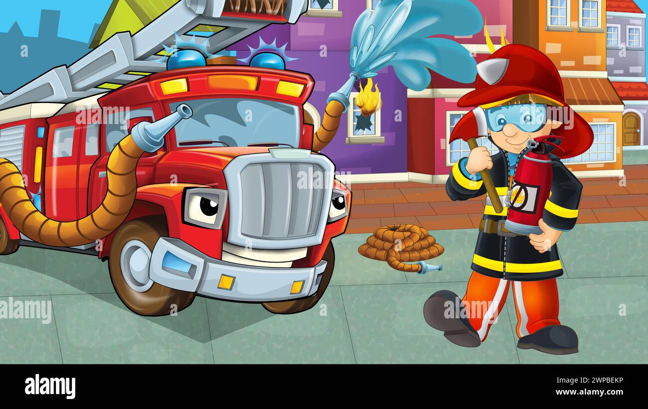 cartoon stage with fireman near building and brave firetruck is helping ...