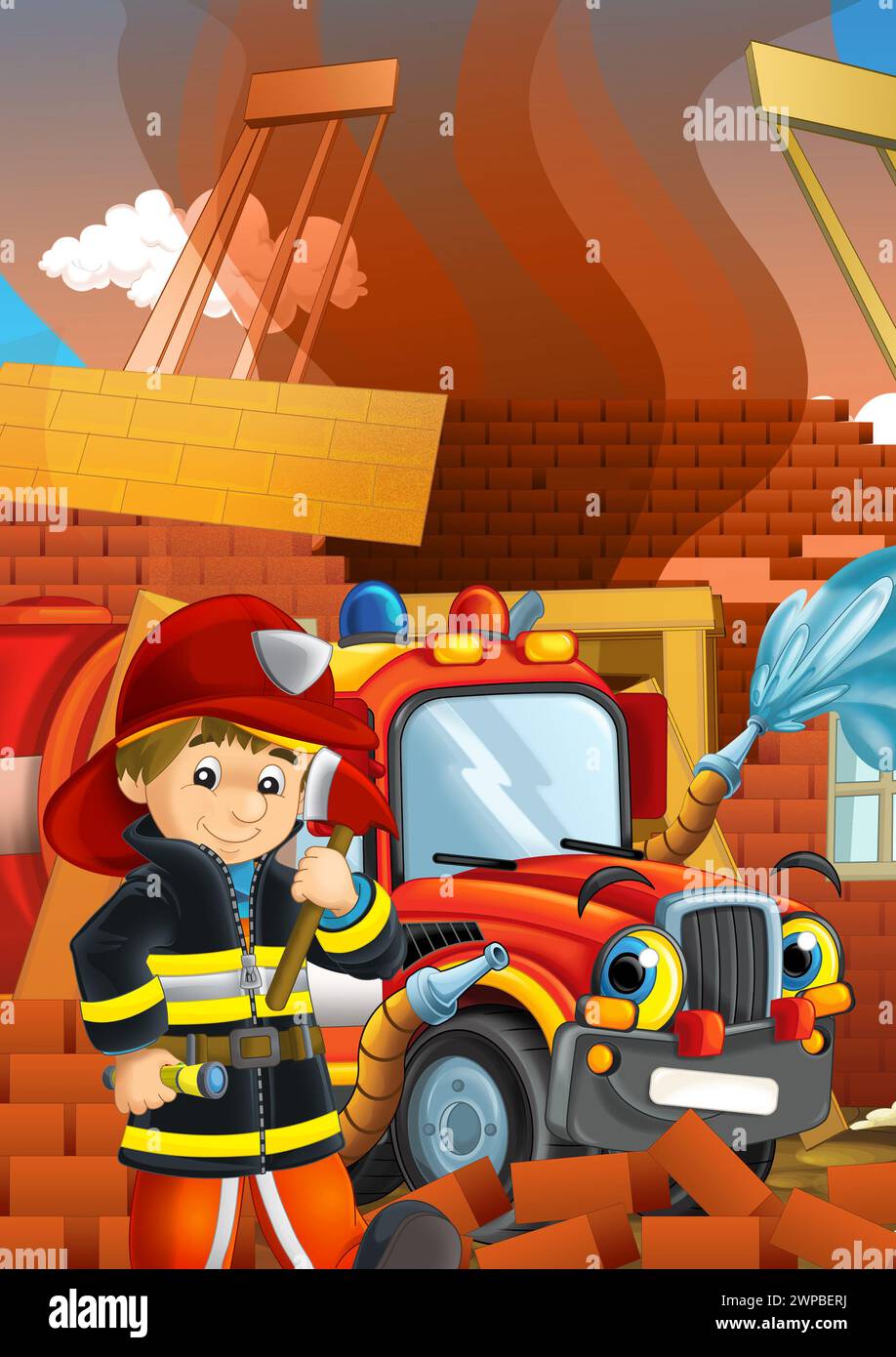 cartoon stage with fireman near building and brave firetruck is helping ...