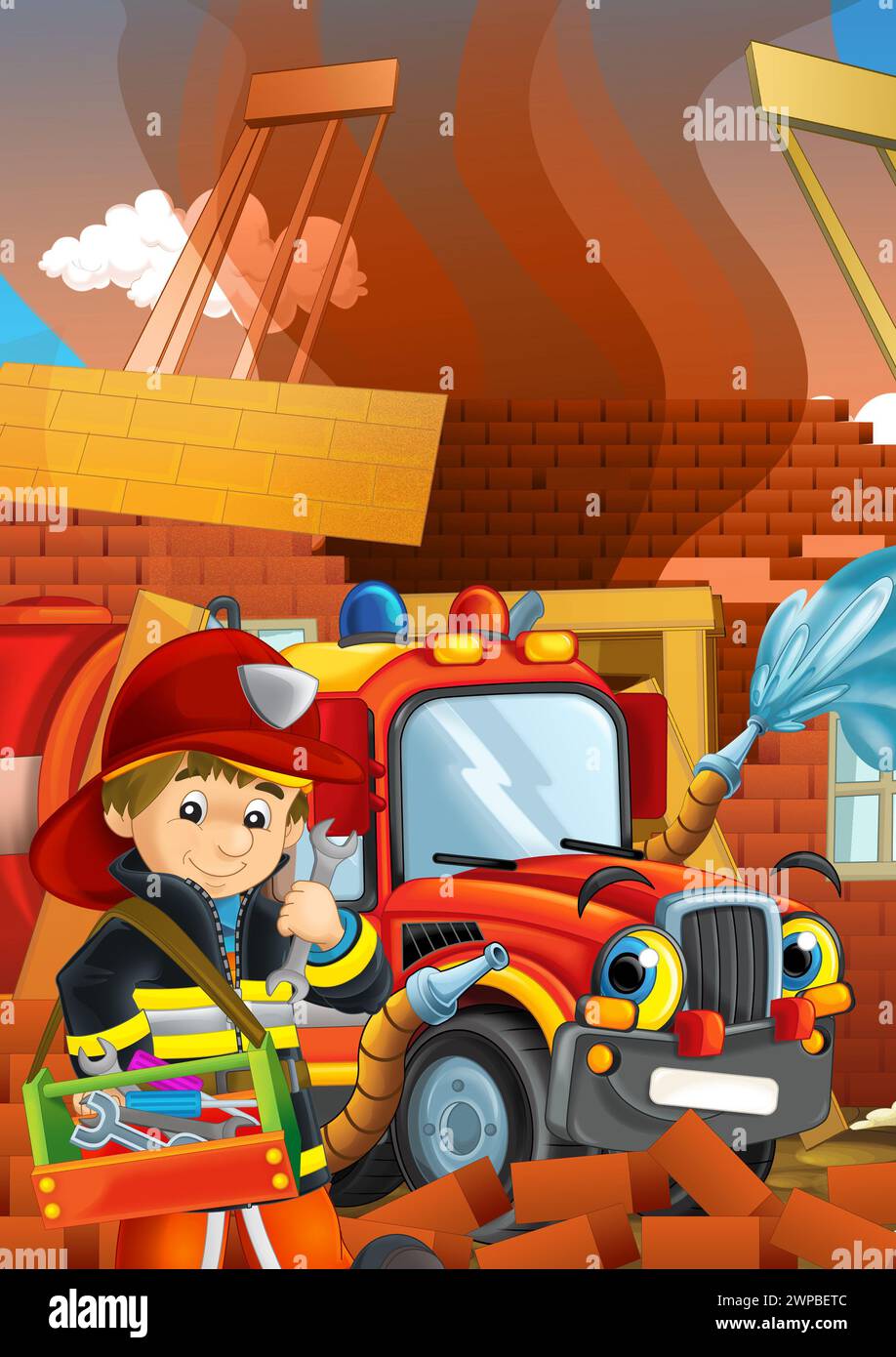 cartoon stage with fireman near building and brave firetruck is helping ...