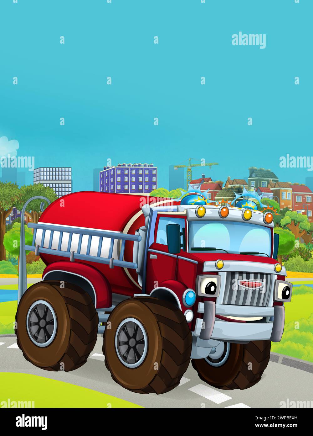 cartoon scene with fireman vehicle on the road - illustration for ...