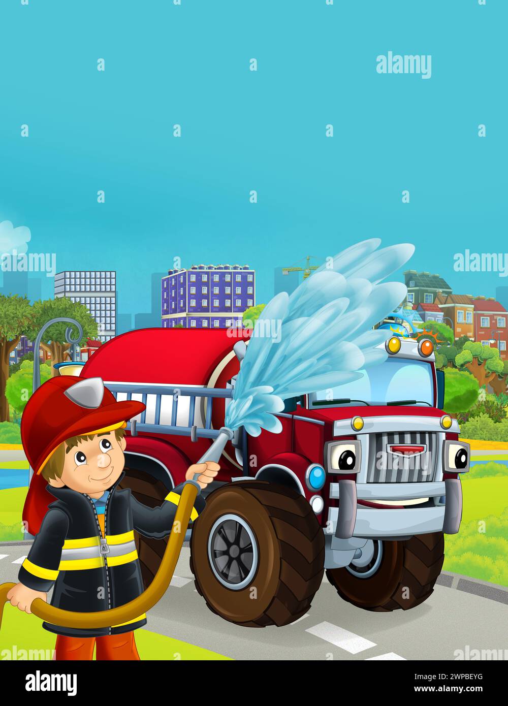 cartoon scene with fireman vehicle on the road - illustration for ...