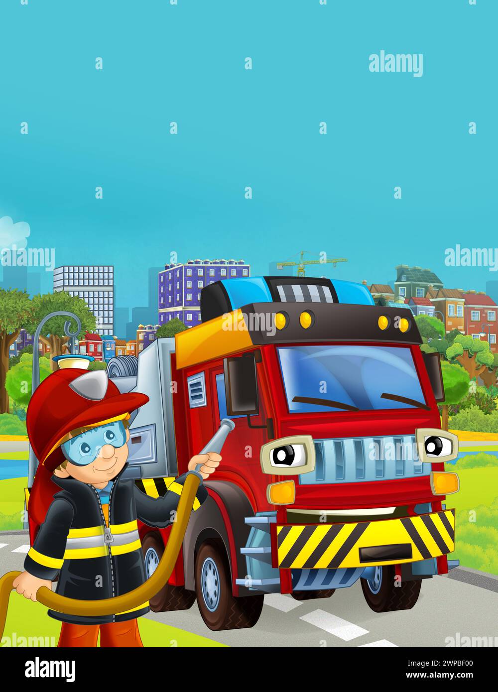 cartoon scene with fireman vehicle on the road - illustration for ...