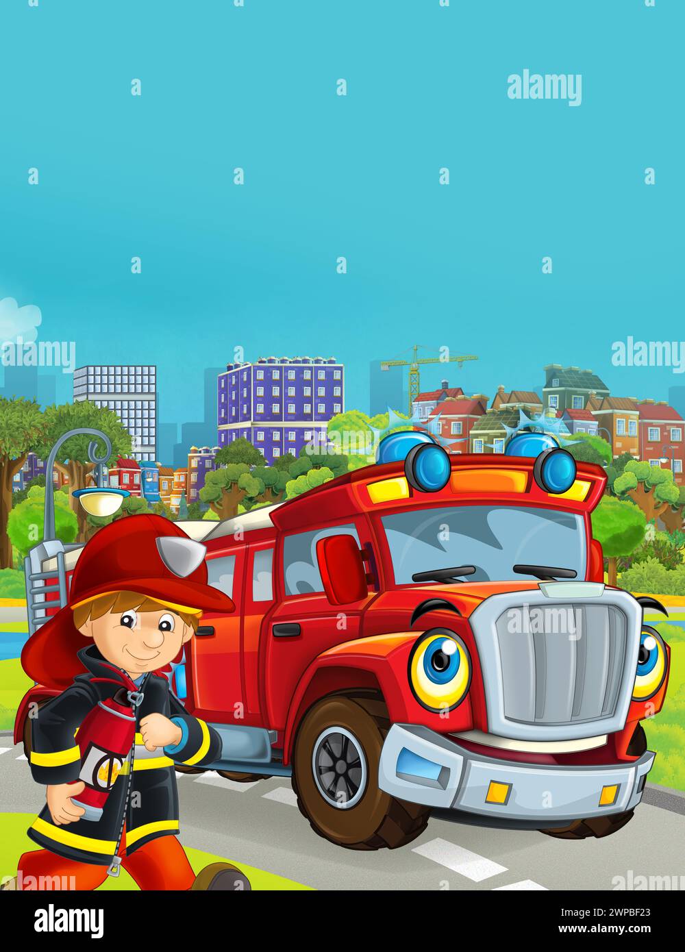 cartoon scene with fireman vehicle on the road driving through the city ...