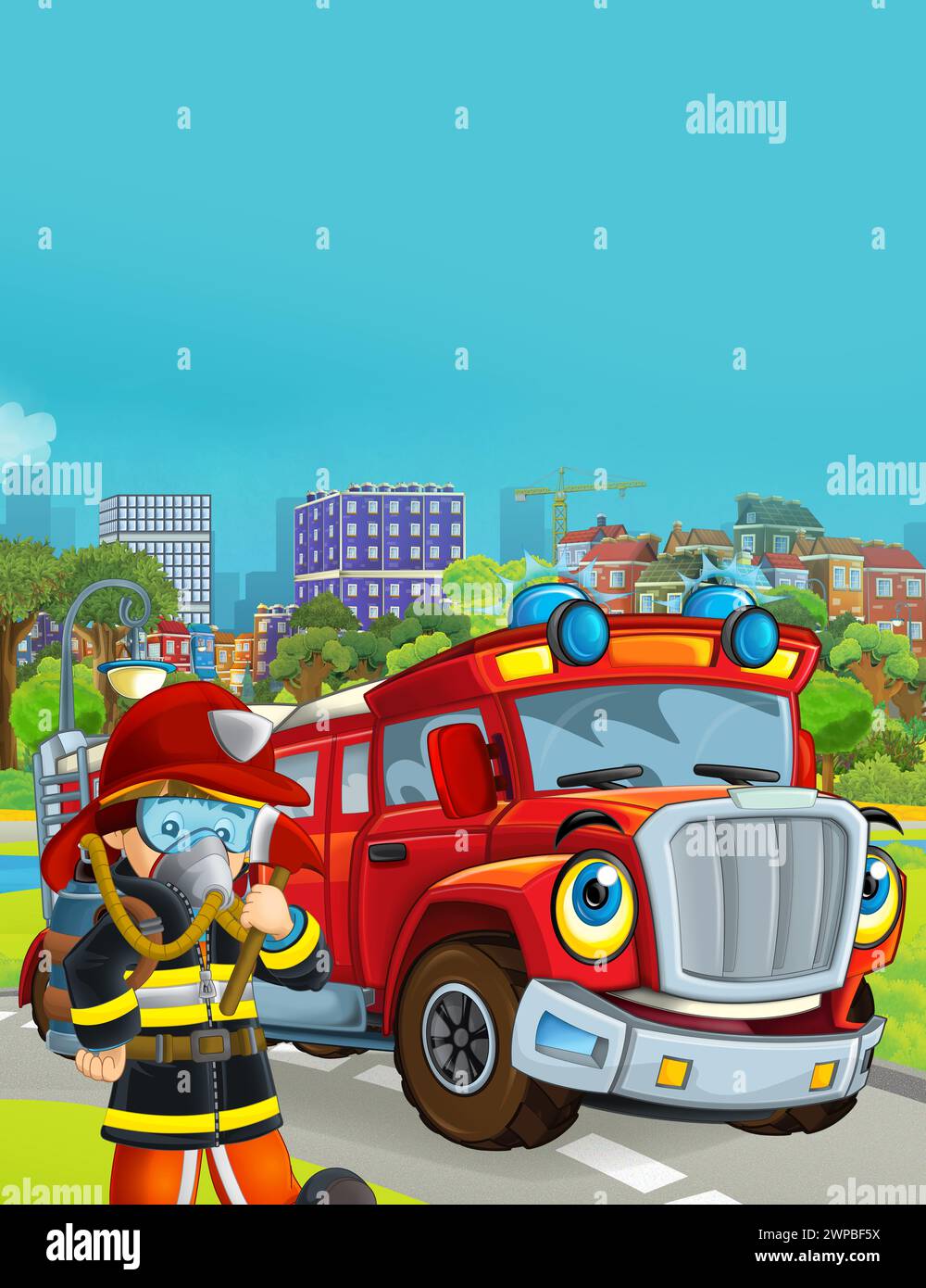 cartoon scene with fireman vehicle on the road driving through the city ...