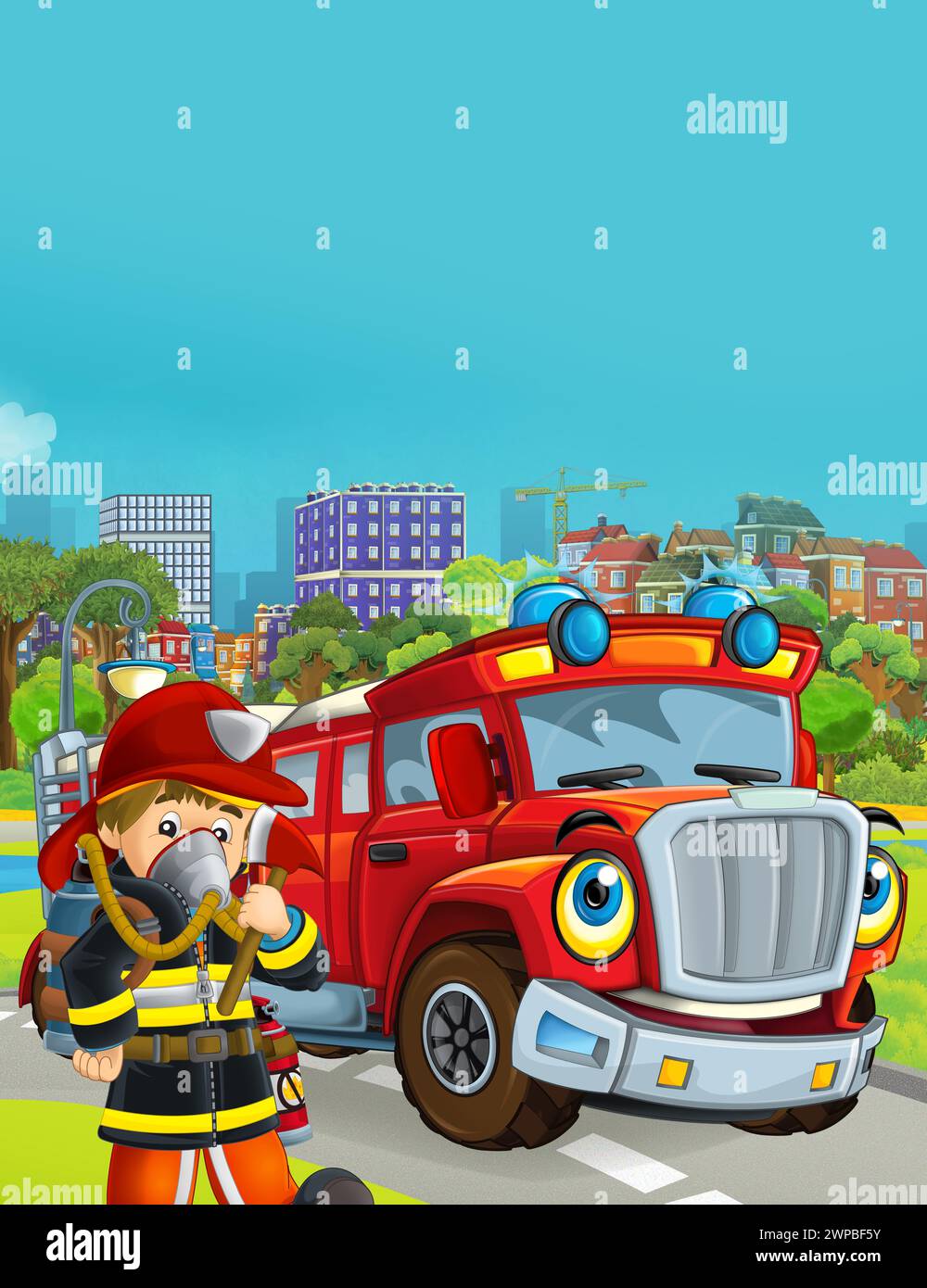 cartoon scene with fireman vehicle on the road driving through the city ...