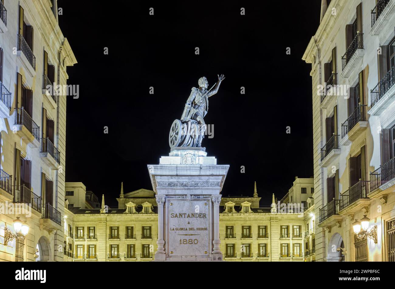 Night view of the statue "Monument to Pedro Velarde", in Santander ...