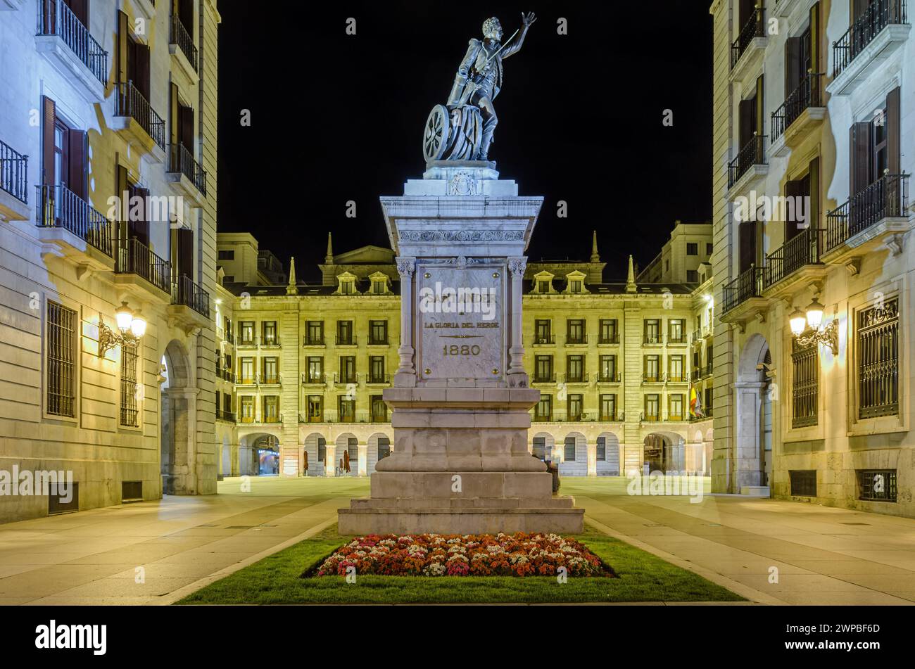 Night view of the statue "Monument to Pedro Velarde", in Santander ...