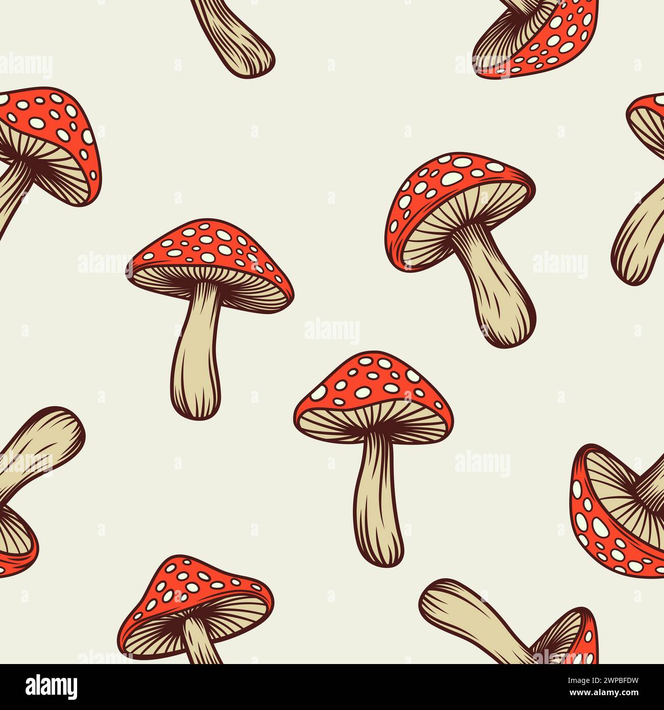 Vector Seamless Pattern With Hand Drawn Cartoon Mushrooms On A White