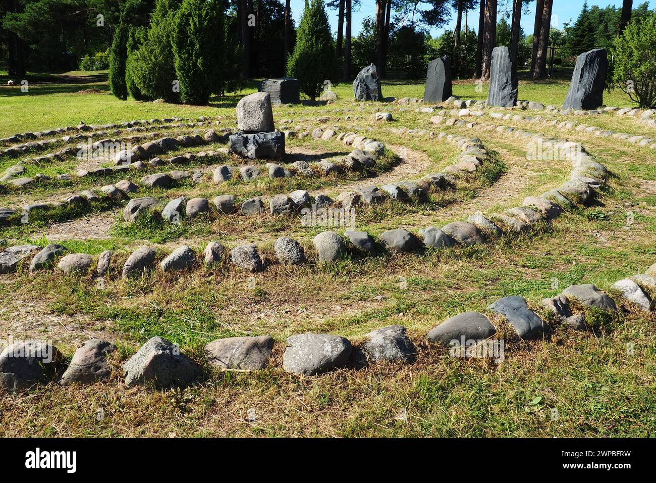 Stone labyrinth near the Devil's Stul rock on Lake Onega. Zaozerye ...