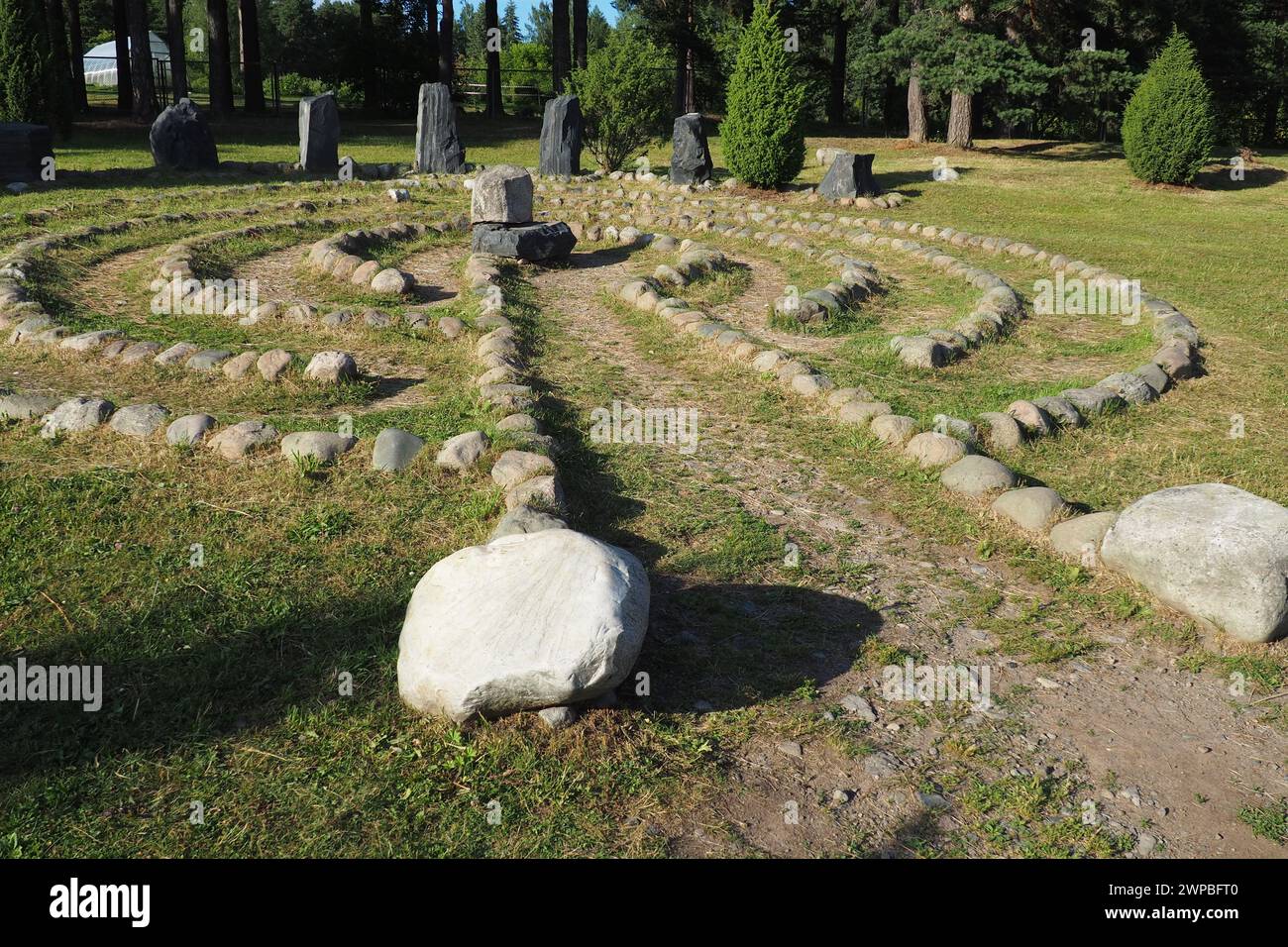 Stone labyrinth near the Devil's Stul rock on Lake Onega. Zaozerye ...