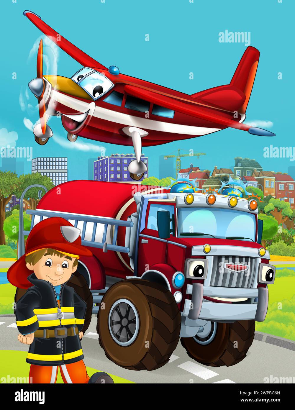 cartoon scene with fireman vehicle on the road driving through the city ...