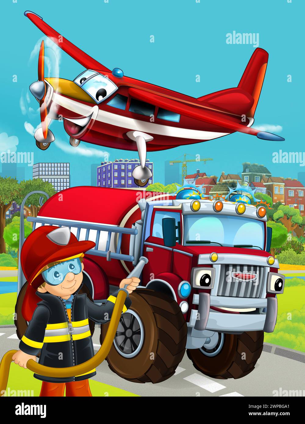 cartoon scene with fireman vehicle on the road driving through the city ...