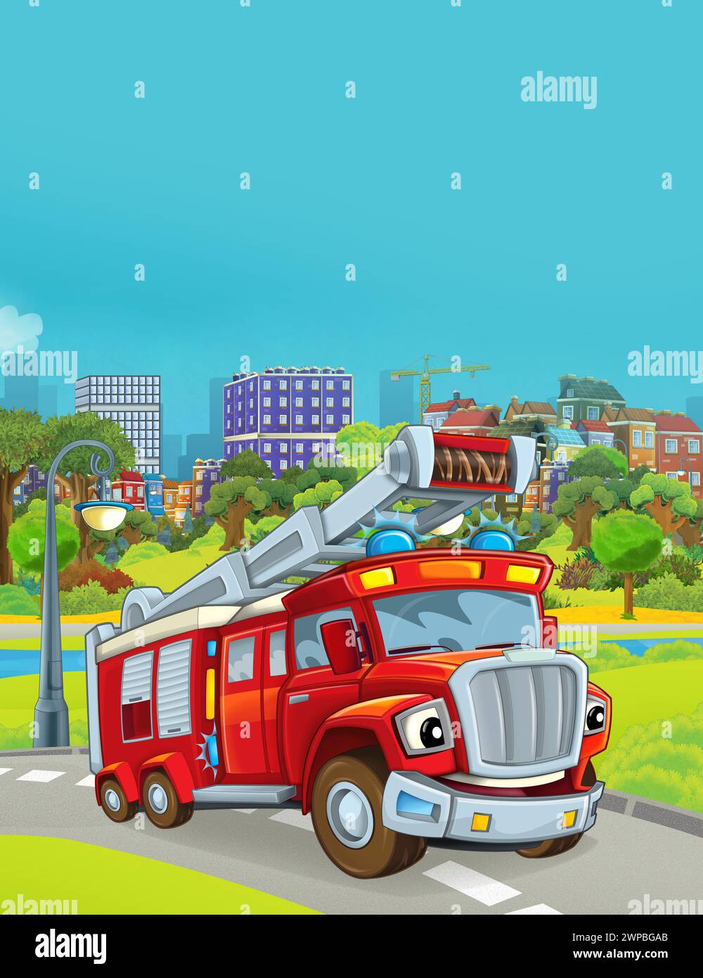 cartoon scene with fireman vehicle on the road - illustration for kids ...