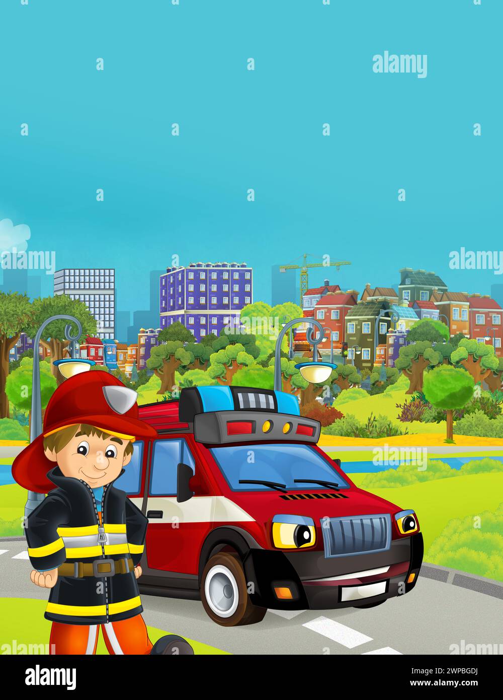 cartoon scene with fireman vehicle on the road - illustration for ...