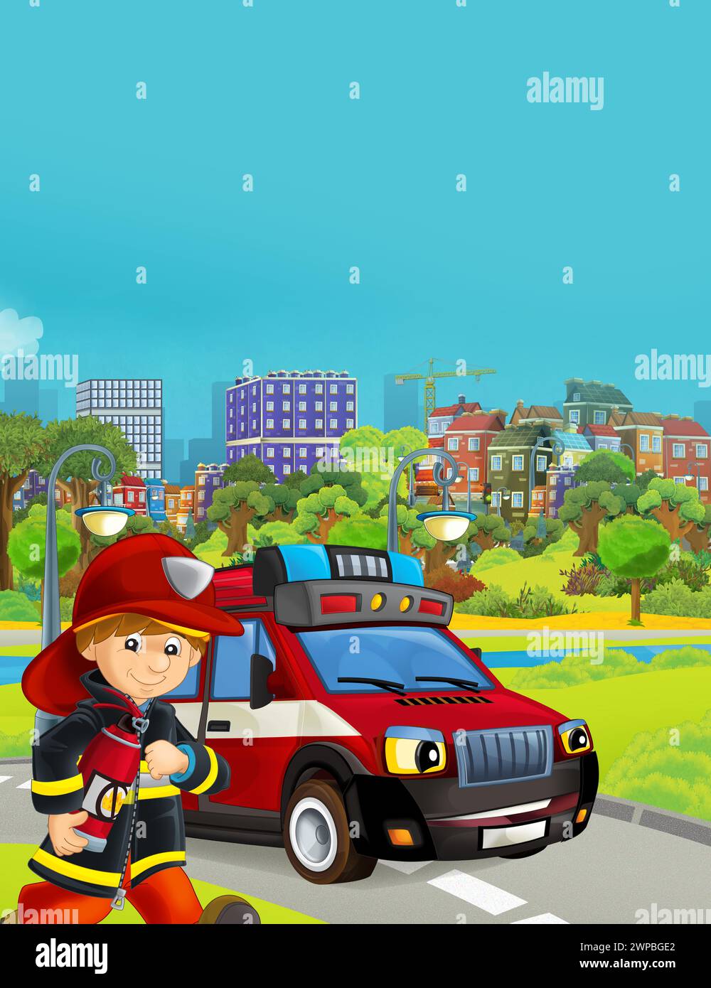 cartoon scene with fireman vehicle on the road - illustration for ...