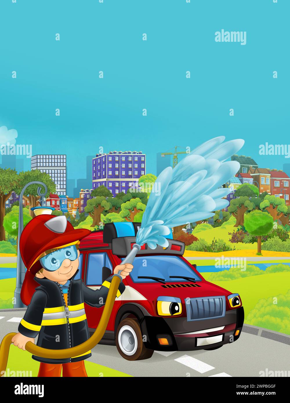 cartoon scene with fireman vehicle on the road - illustration for ...