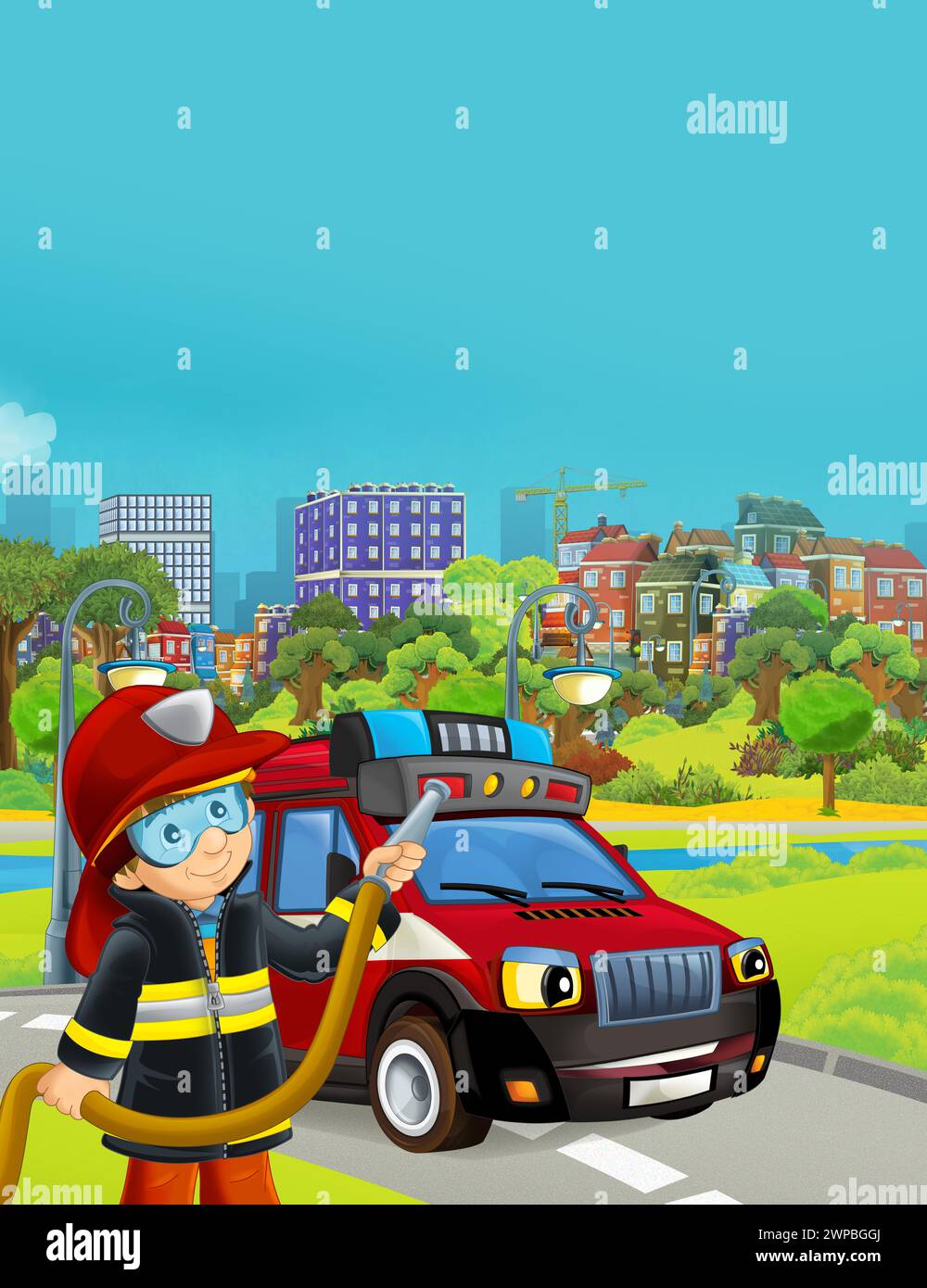 cartoon scene with fireman vehicle on the road - illustration for ...