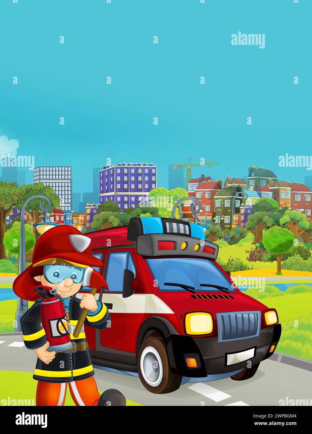 cartoon scene with fireman vehicle on the road - illustration for ...