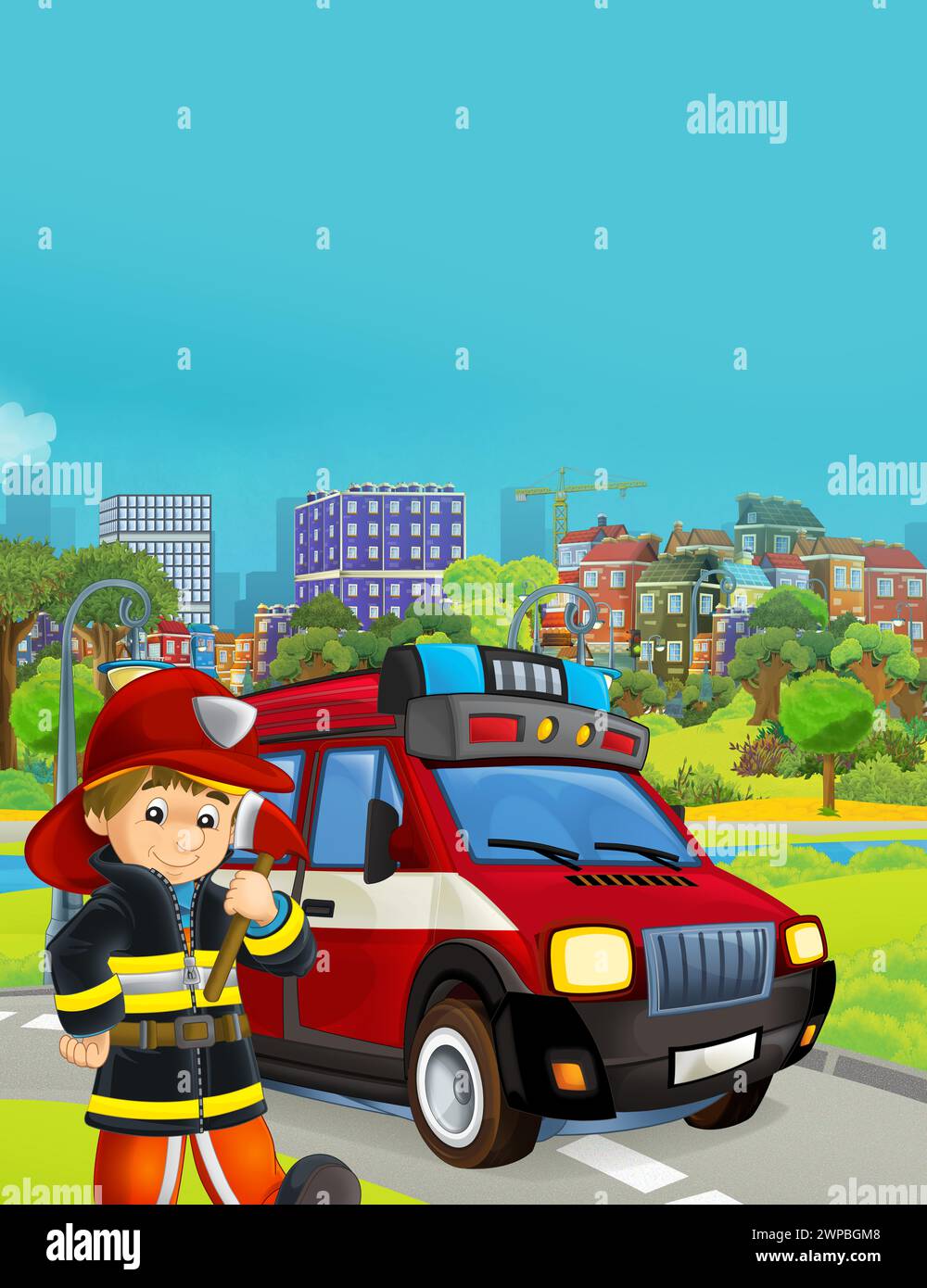 cartoon scene with fireman vehicle on the road - illustration for ...