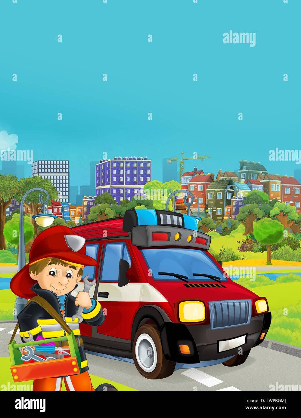 cartoon scene with fireman vehicle on the road - illustration for ...