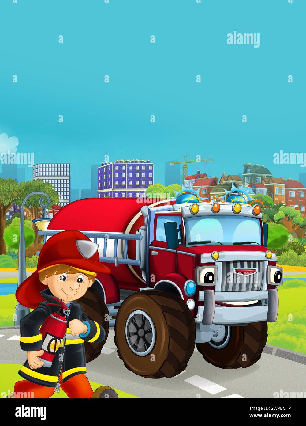 cartoon scene with fireman vehicle on the road - illustration for ...
