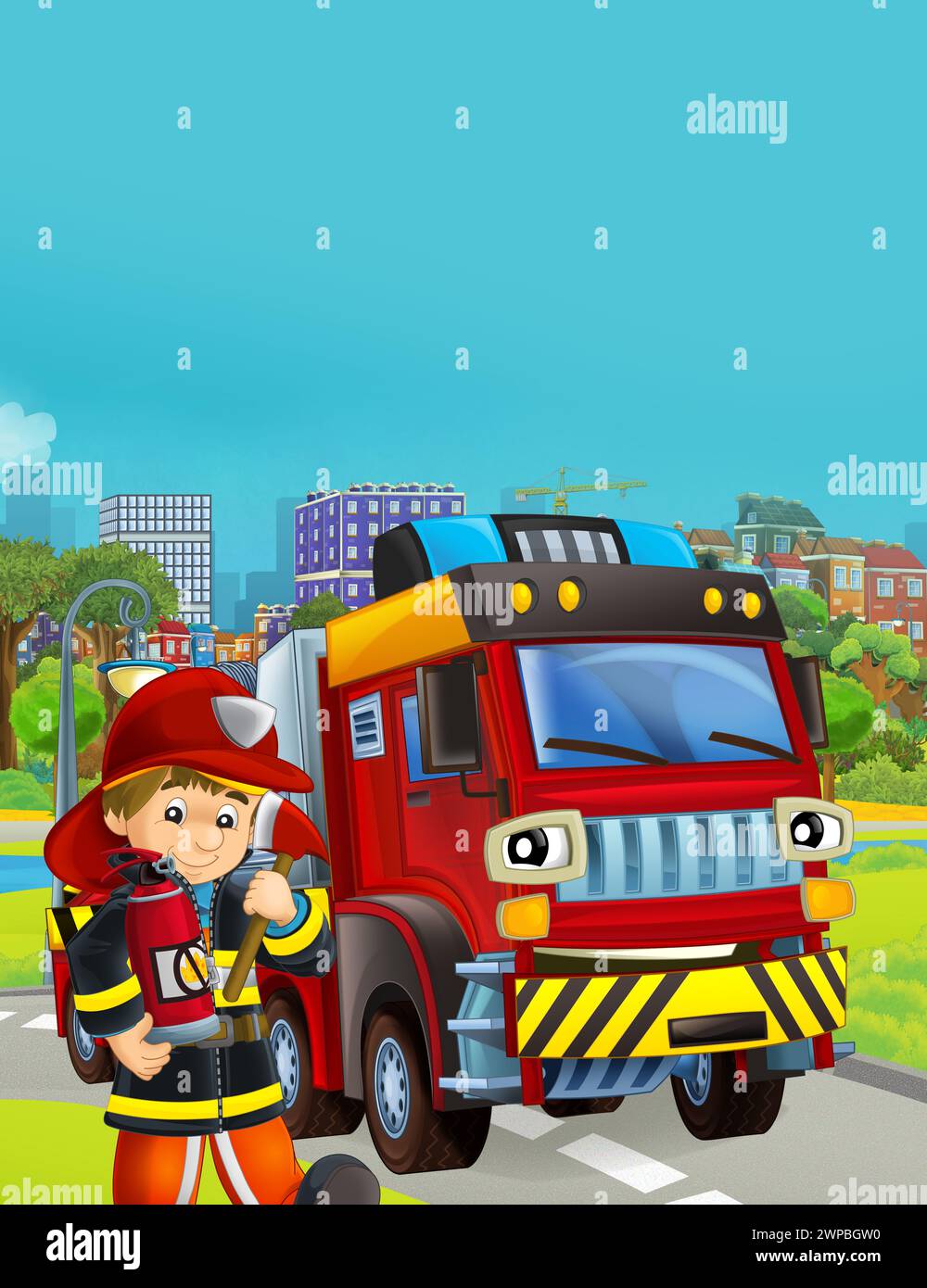 cartoon scene with fireman vehicle on the road - illustration for ...