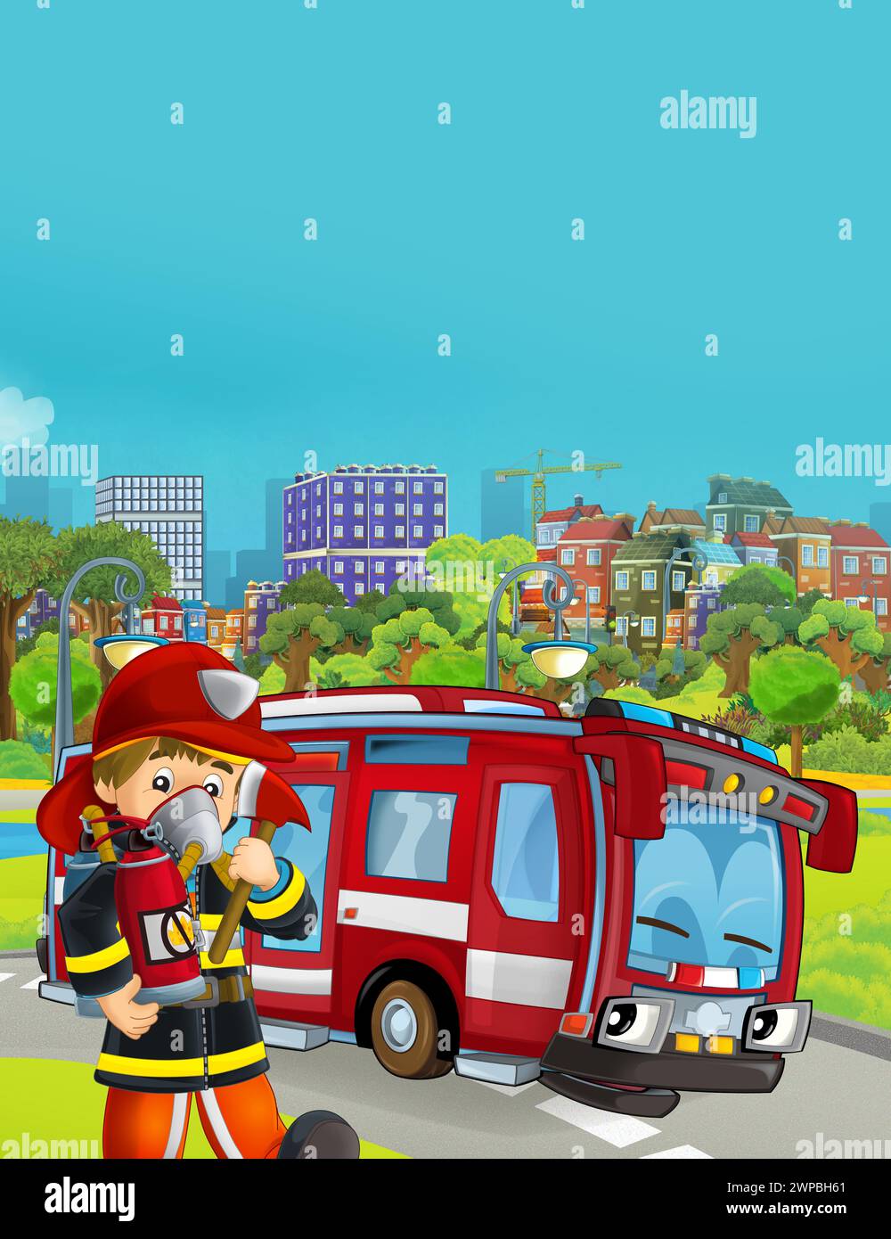 cartoon scene with fire brigade car vehicle on the road and fireman ...