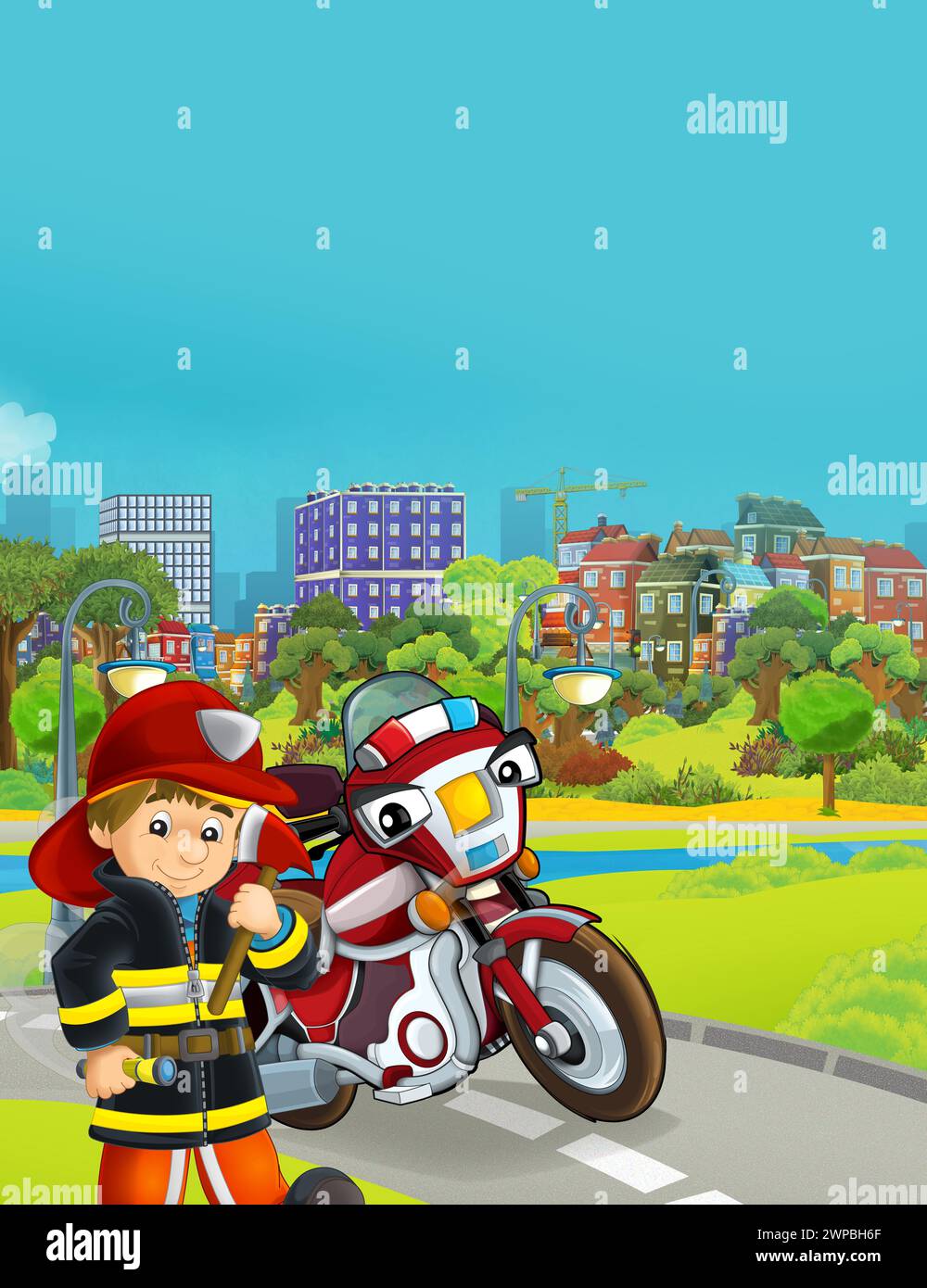 cartoon scene with fireman vehicle on the road - illustration for ...