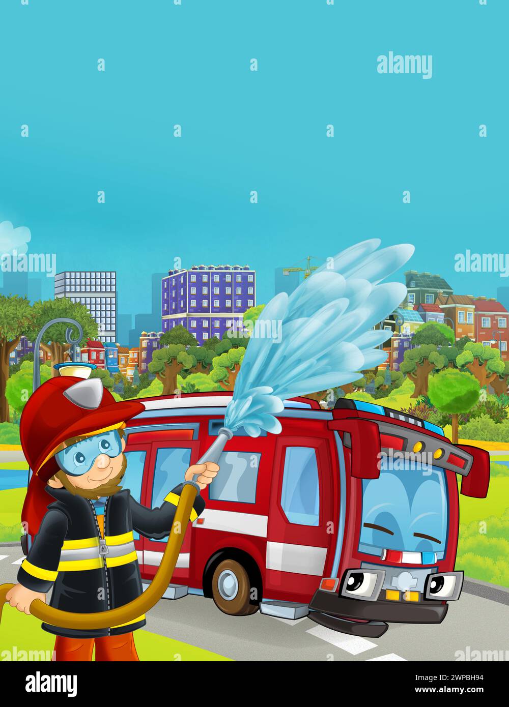 cartoon scene with fire brigade car vehicle on the road and fireman ...