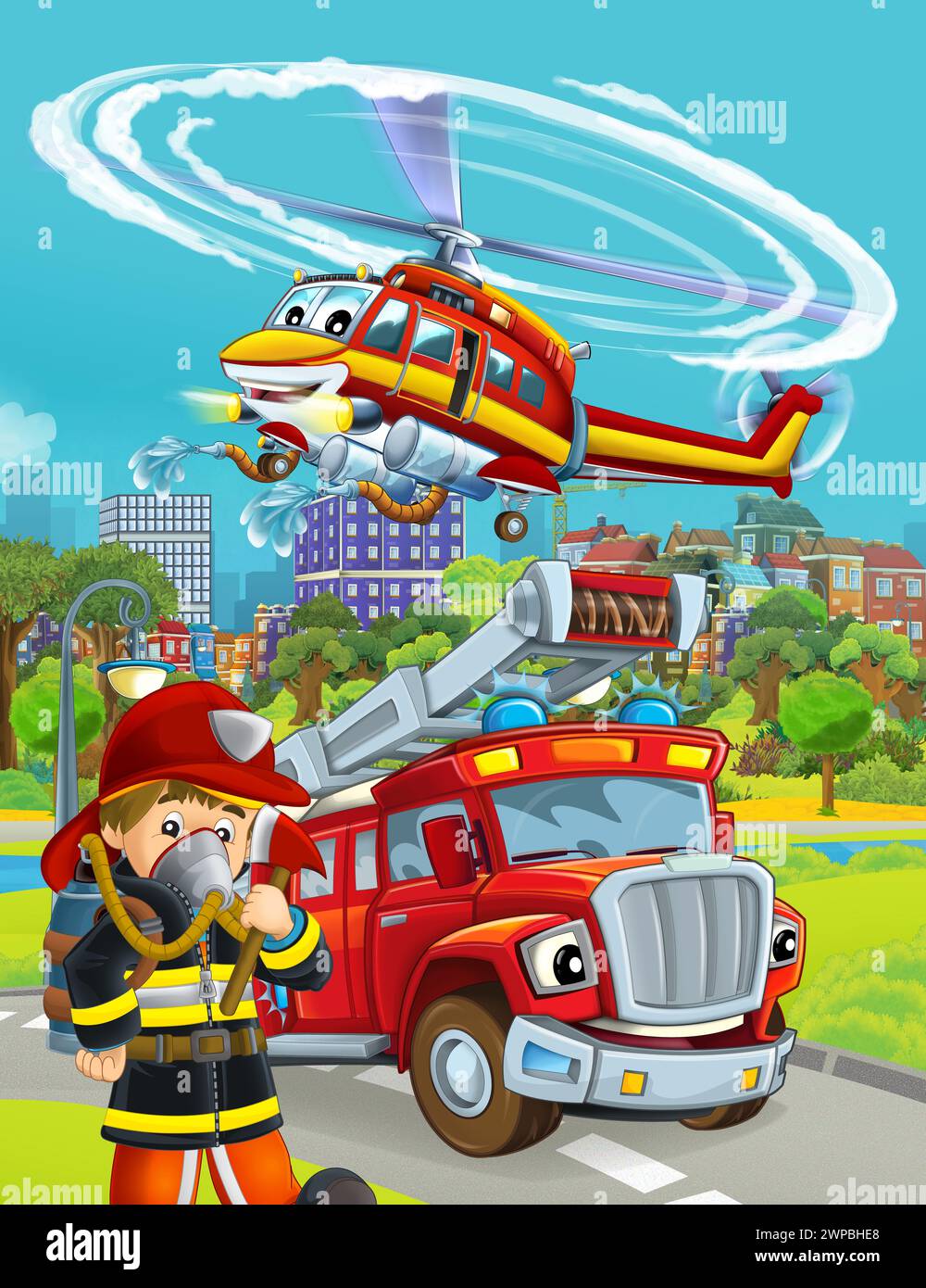 cartoon scene with fire brigade car vehicle on the road and fireman ...