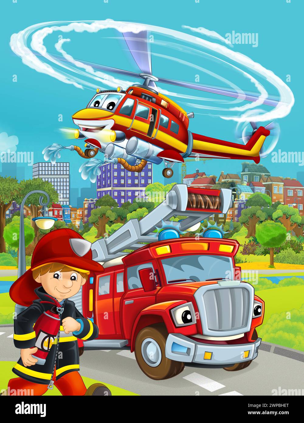 cartoon scene with fire brigade car vehicle on the road and fireman ...